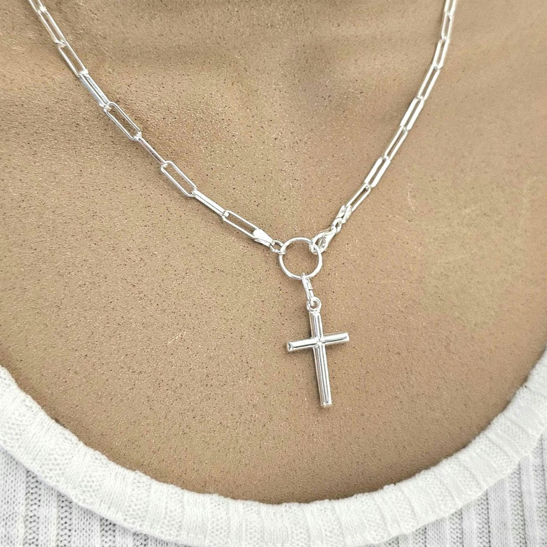 Sterling Silver Paperclip Chain Cross Necklace - Etsy