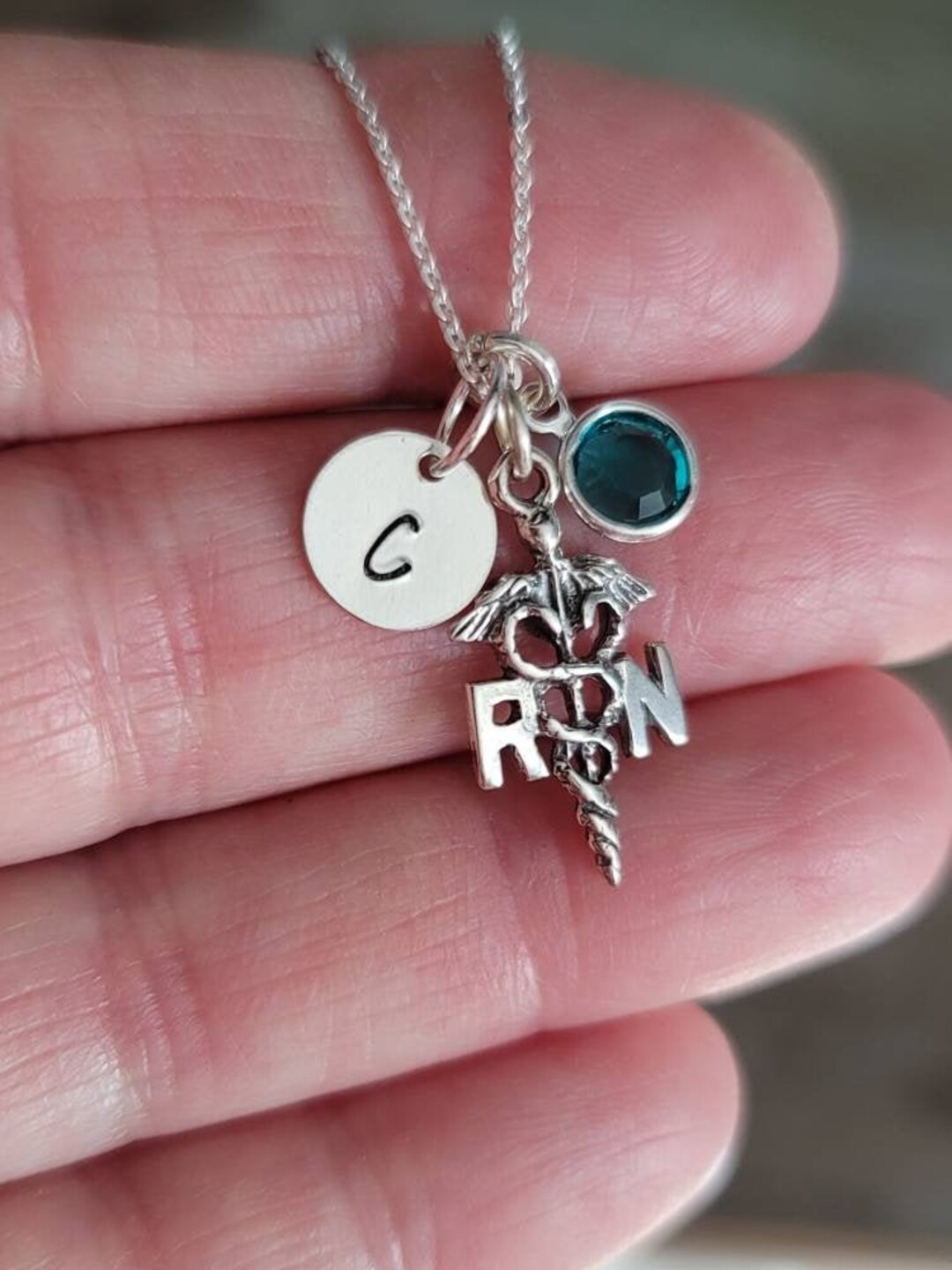 Sterling Silver Nurse Necklace: Personalized Initial, Birthstone Charm ...