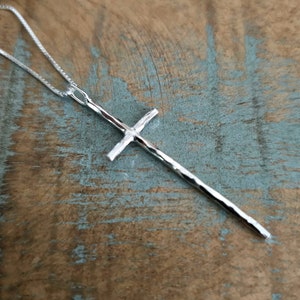 925 Sterling Silver Long Hammered Cross Necklace Pendant Chain Necklace ...