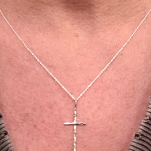 925 Sterling Silver Long Hammered Cross Necklace Pendant Chain Necklace ...