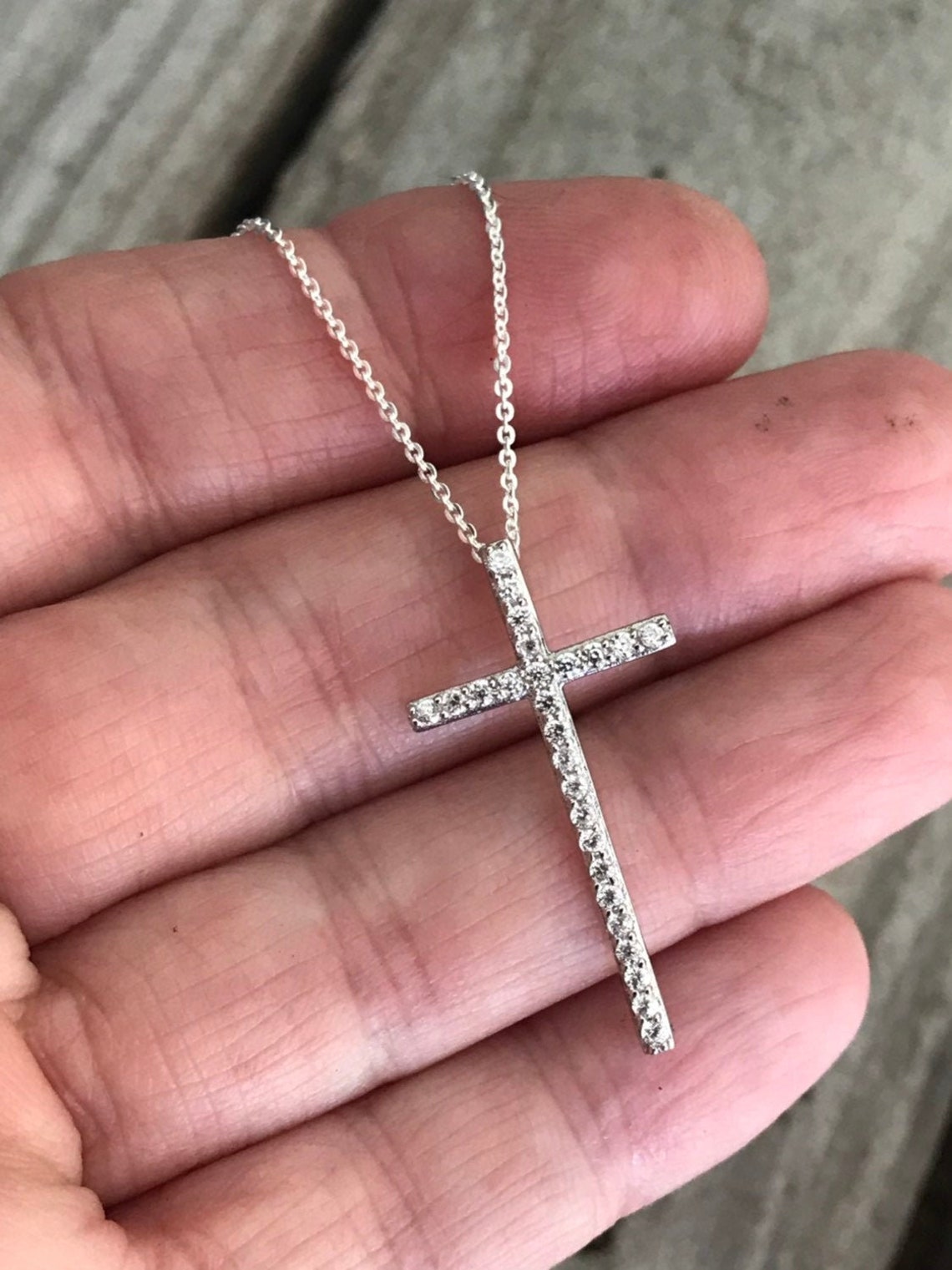 925 Sterling Silver Long Simulated Diamond Cross Necklace - Etsy