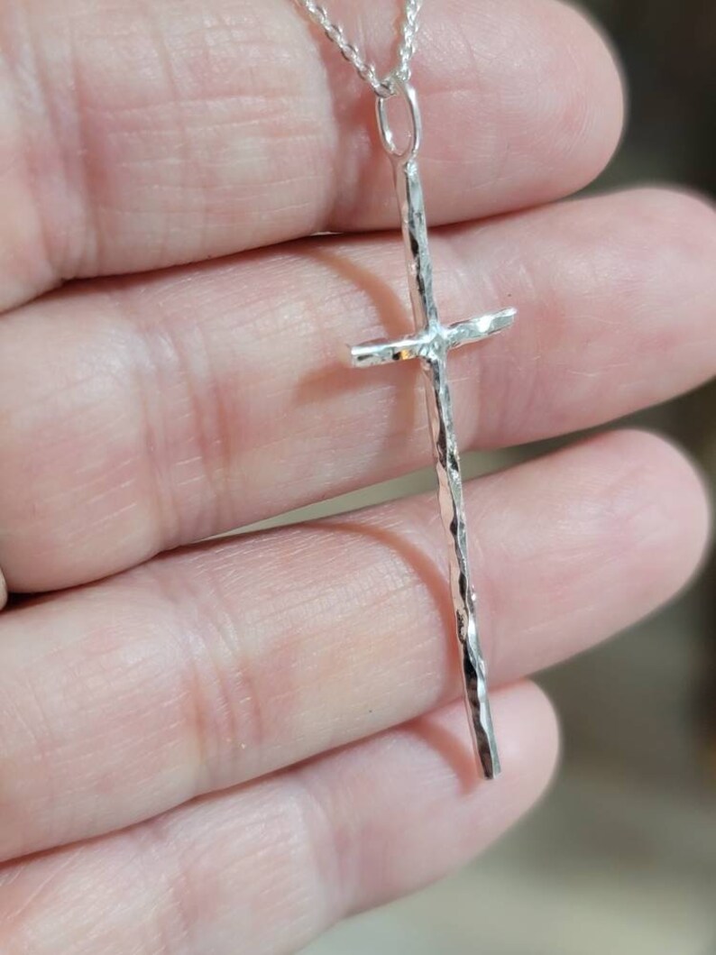925 Sterling Silver Long Hammered Cross Necklace Pendant Chain Necklace ...