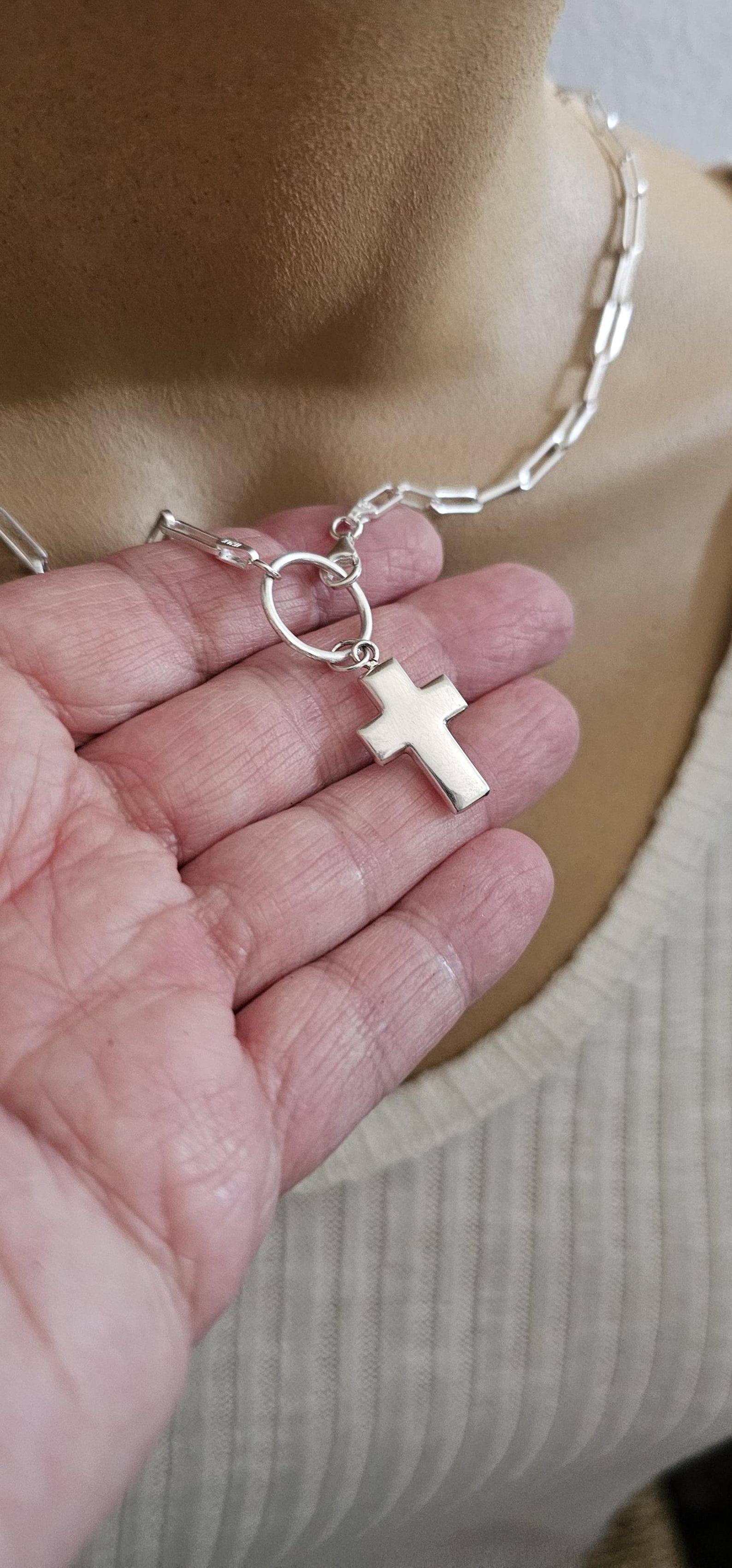 20" Chunky Cross Necklace, Sterling Silver Chunky Cross With Paperclip ...