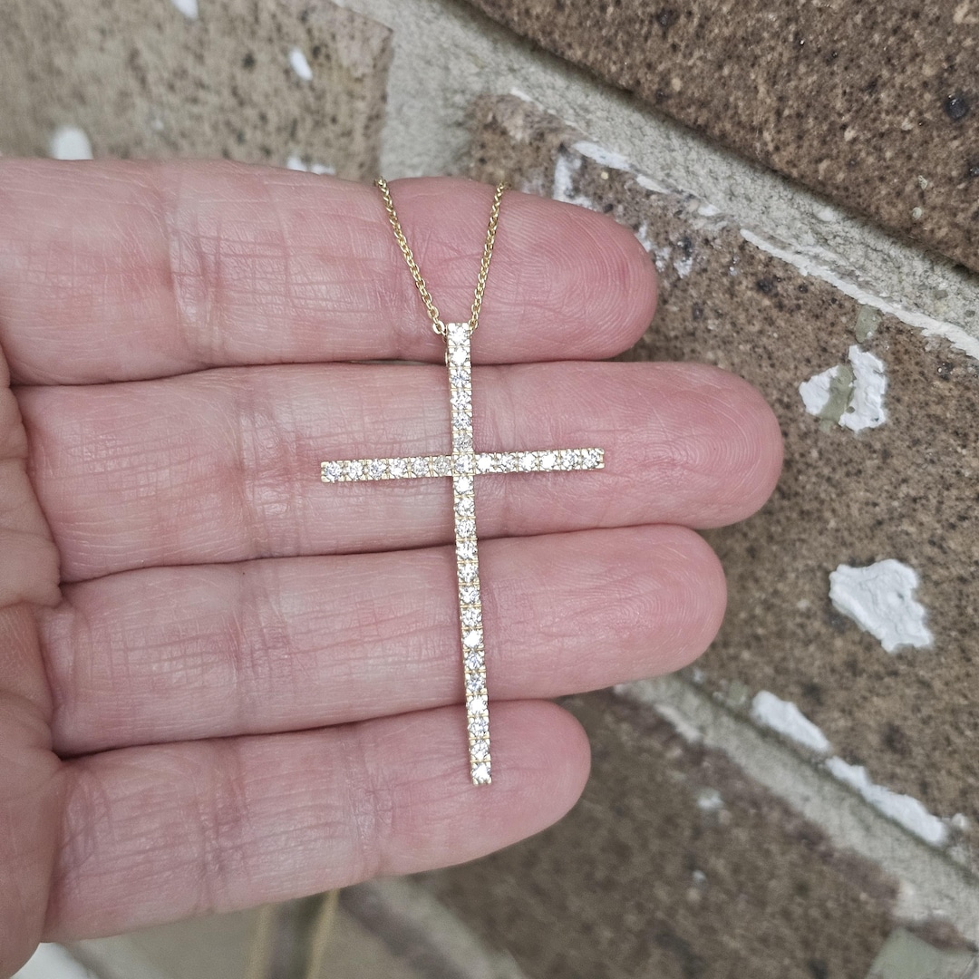 Long Simulated Diamond Cross Necklace, Thin Cross Necklace, 18k Gold ...