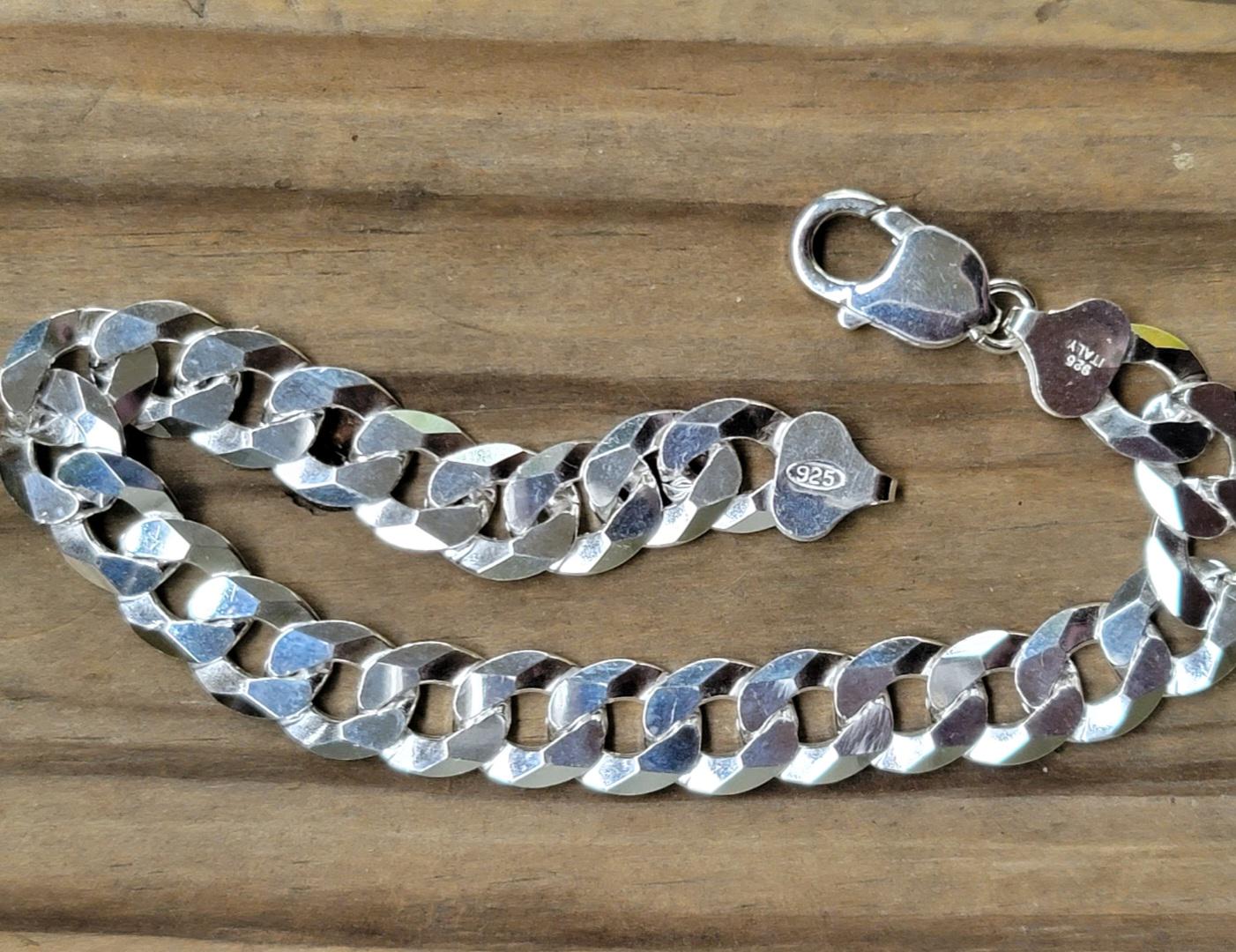 8 Solid Italian 925 Sterling Silver 12mm Wide Curb Link Chain Bracelet Men s Sterling Silver Chunky Heavy Curb Link Bracelet Silver Curb