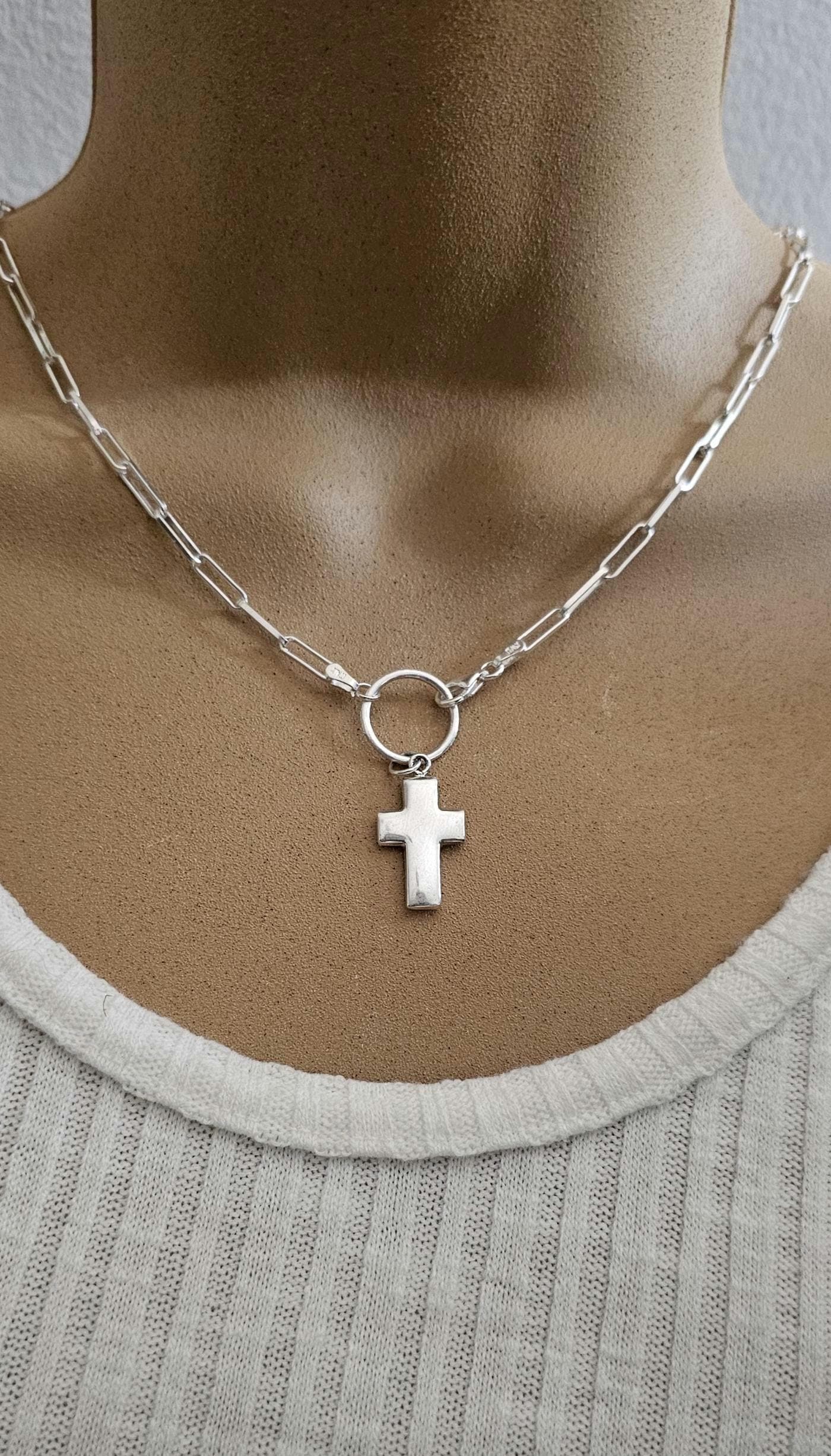 18" Chunky Cross Necklace, Sterling Silver Chunky Cross With Paperclip ...