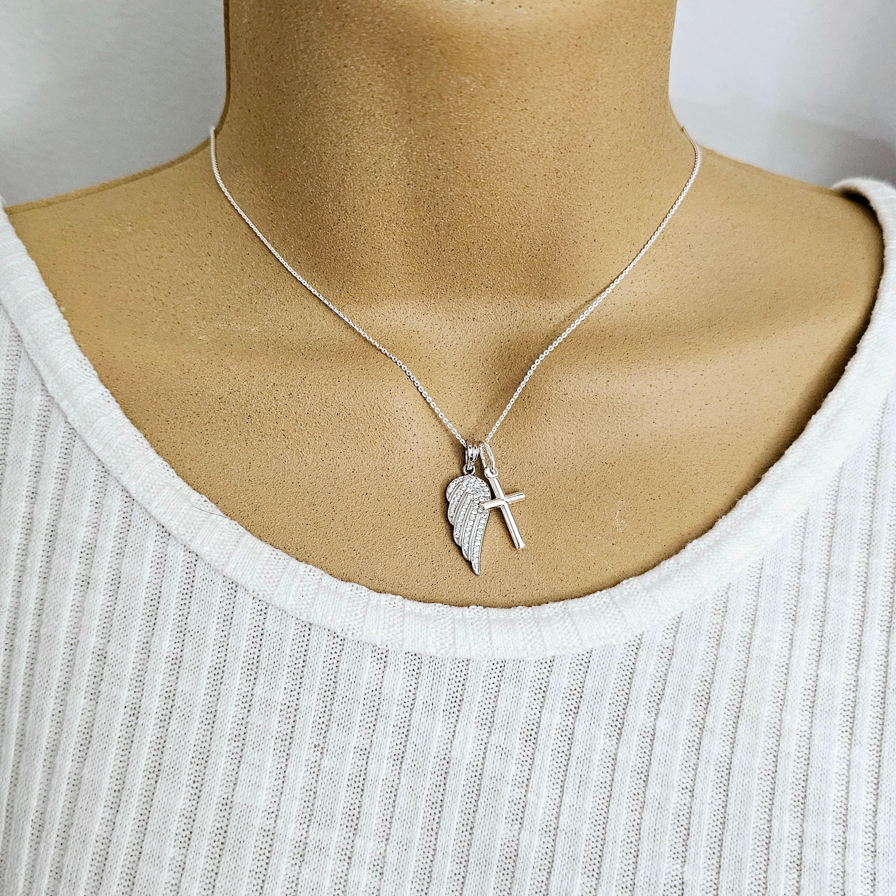 Sterling Silver Angel Wing With Cross Necklace, Memorial Jewelry ...