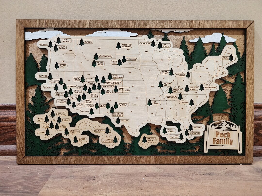 Personalized US National Park Map, Wood Engraved Sign Tracker ...