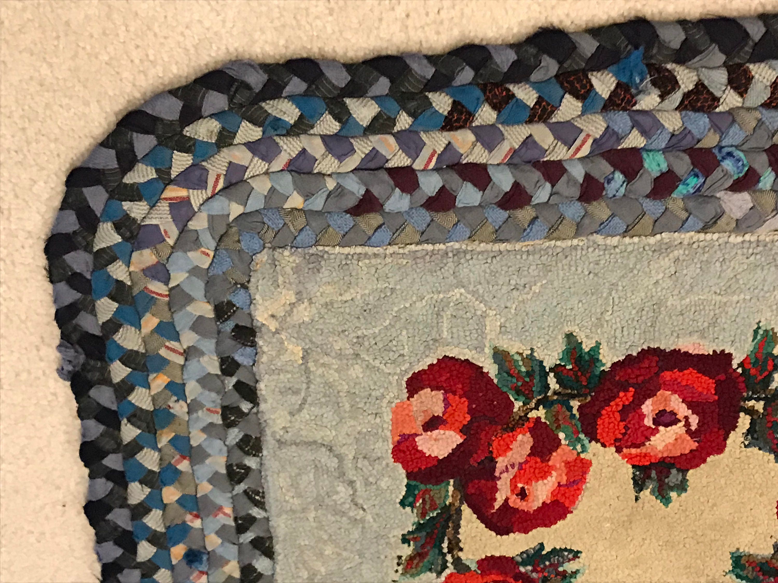Beautiful Roses on Blue Rug American Folkart Handmade Hook and Braid ...