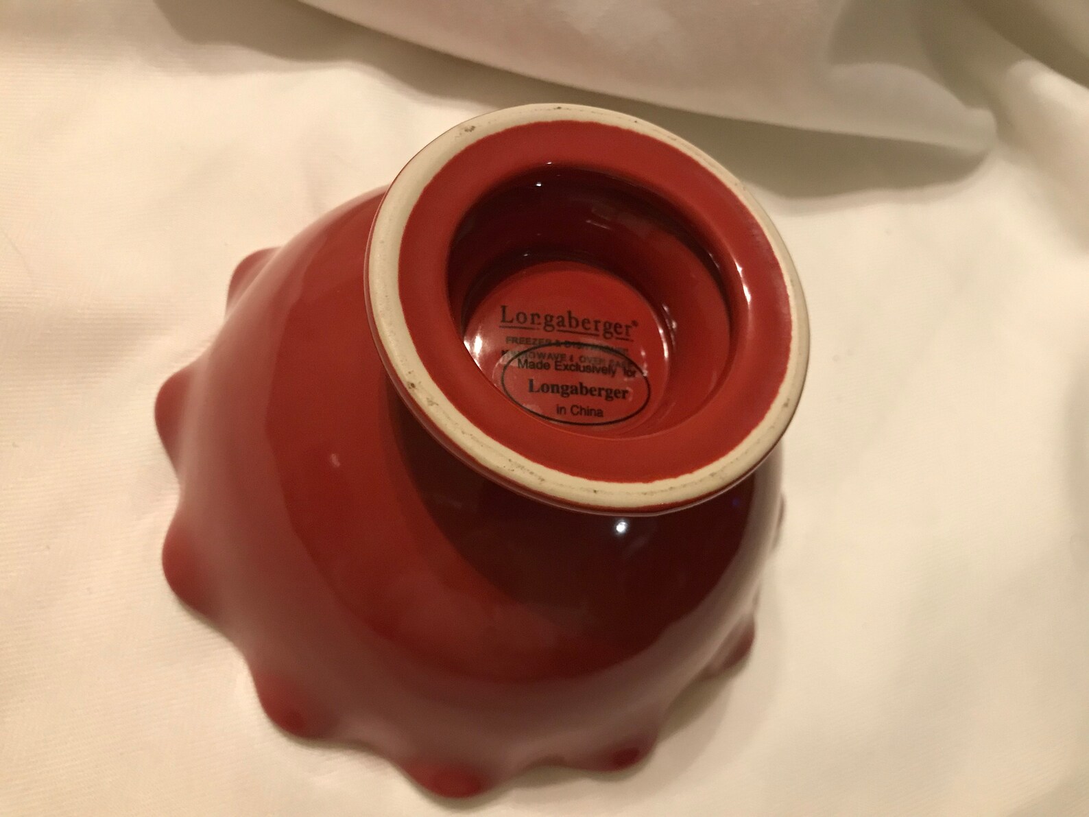 Longaberger Pottery, Red Footed Bowl, 7" Diameter, Scalloped/ruffled ...