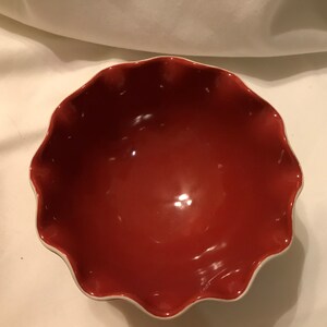Longaberger Pottery, Red Footed Bowl, 7" Diameter, Scalloped/ruffled ...