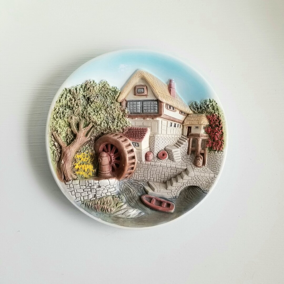 Vintage 1980's British Wall Plaque, Water Mill, Pill Pixie Craft Hand-painted Chalkware, North ...