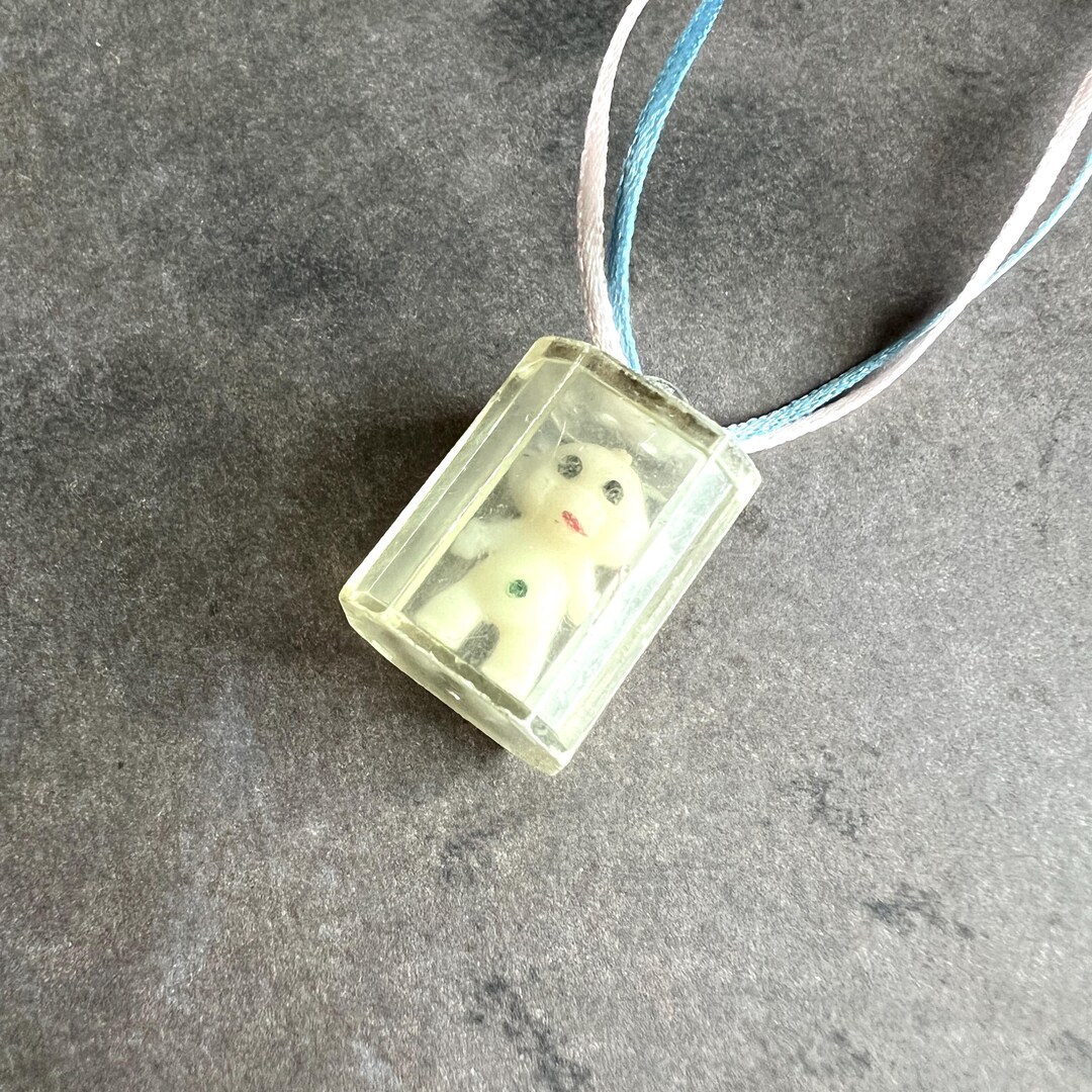 Vintage Mini Bald Troll Doll in Plastic Case Pendant on Pale Blue and ...