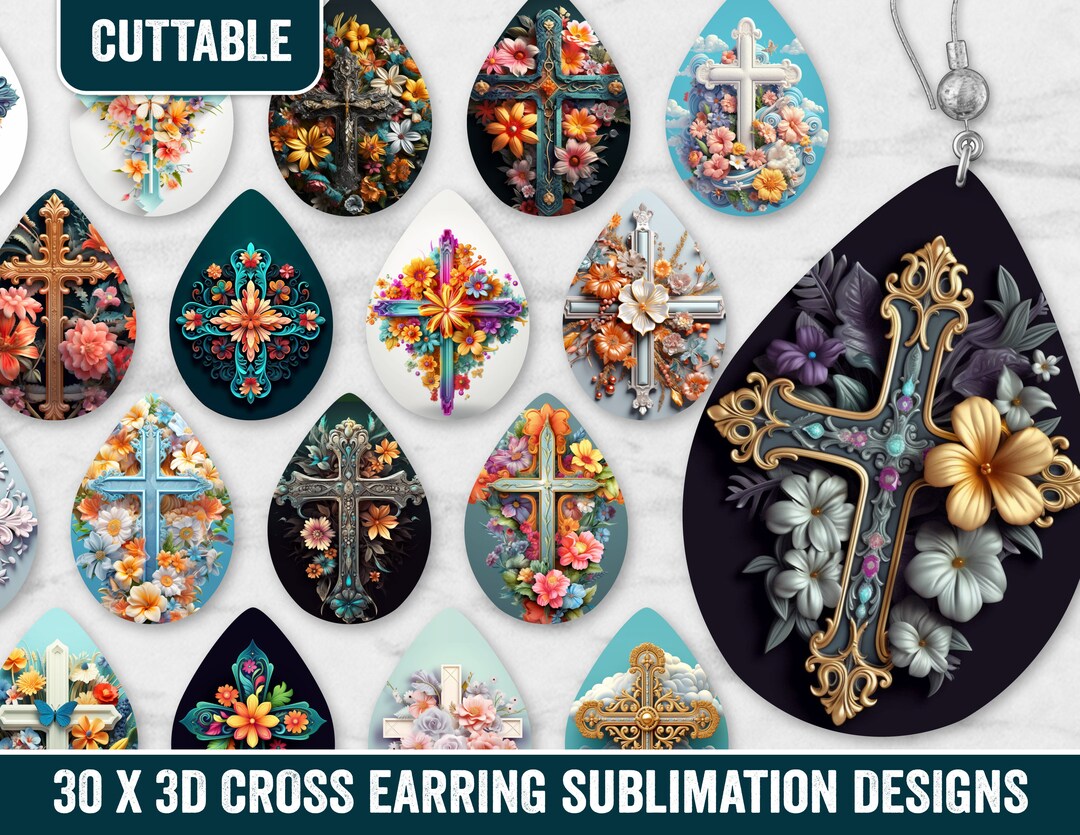 3D Cross Earring Sublimations, 3D Crucifix Floral Earring Sublimation ...