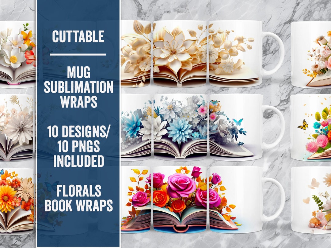 Book Floral Mug Sublimation Wraps, 3D Bookish Mug Wrap Bundle, 3D ...