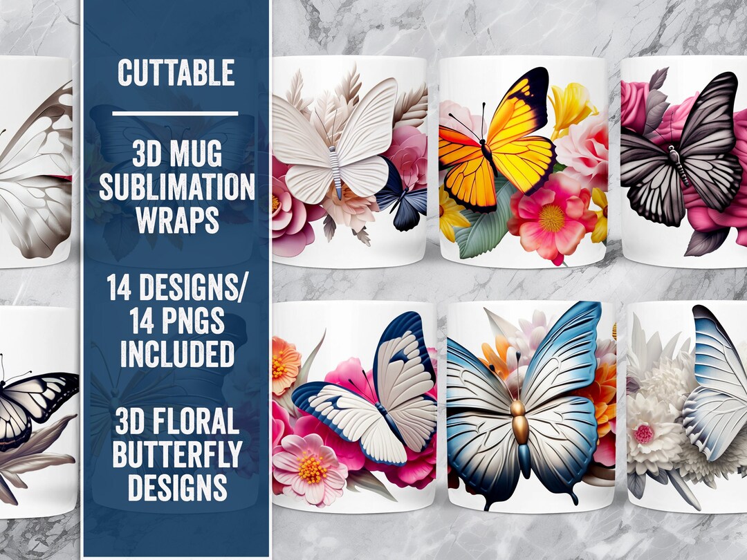 3d Floral Butterfly Mug Wrap Set, White Background, 3D Floral ...