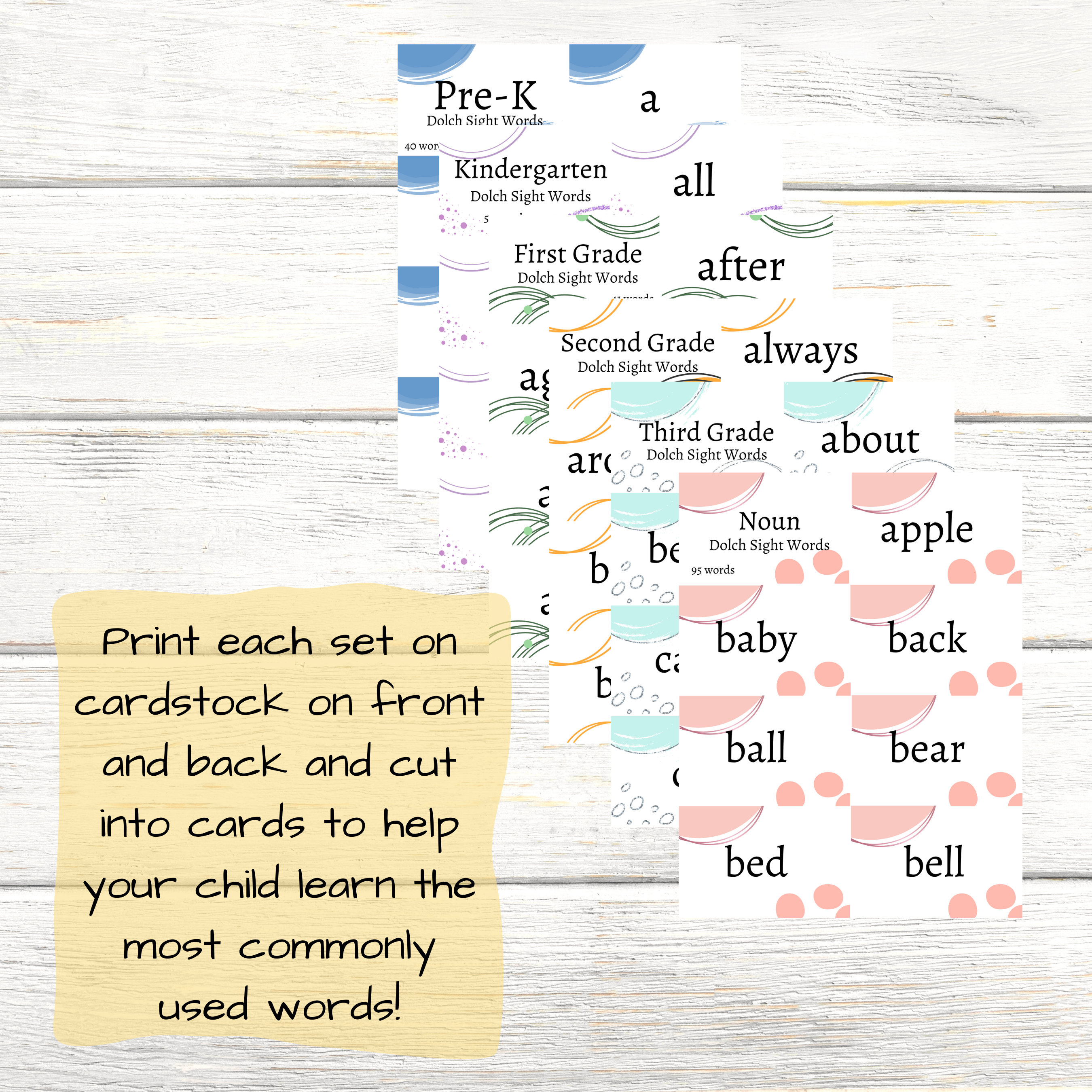 PRINTABLE Dolch Sight Word Flashcards Prek - 3rd Grade Lists and Nouns ...
