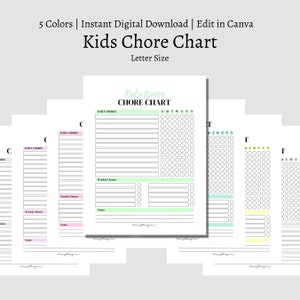 Minimalist Pastel Kids Chore Chart | 5 Colors | Editable in Canva for ...