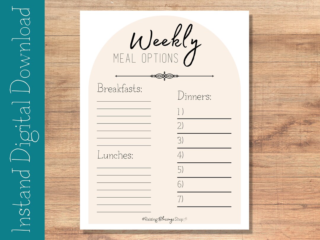 Weekly Meal Options | Weekly Menu | Meal Plan | Flexible Meal Plan ...