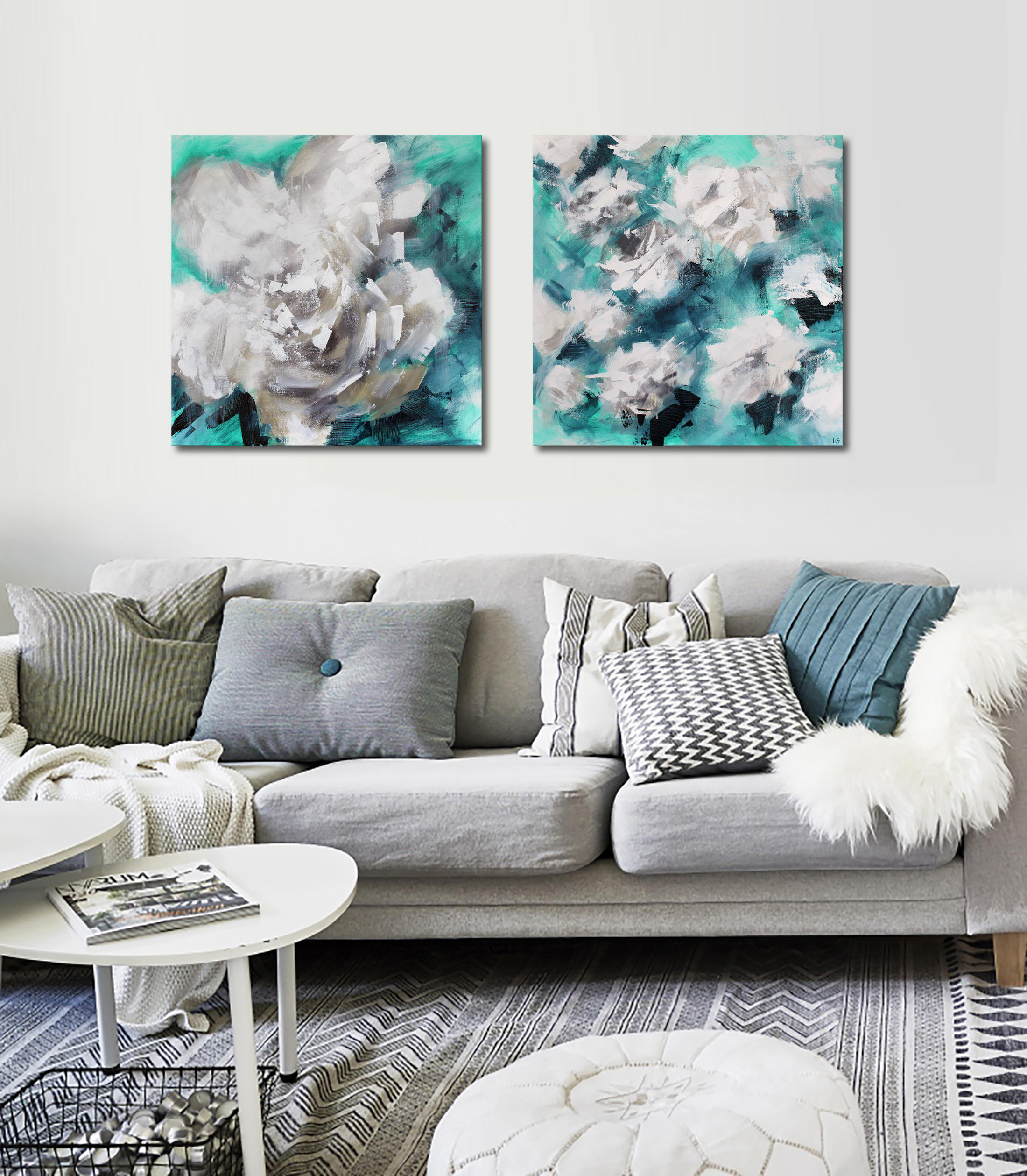 20x40" Teal Canvas Wall Art Turquoise Abstract Wall Art Canvas Bedroom ...