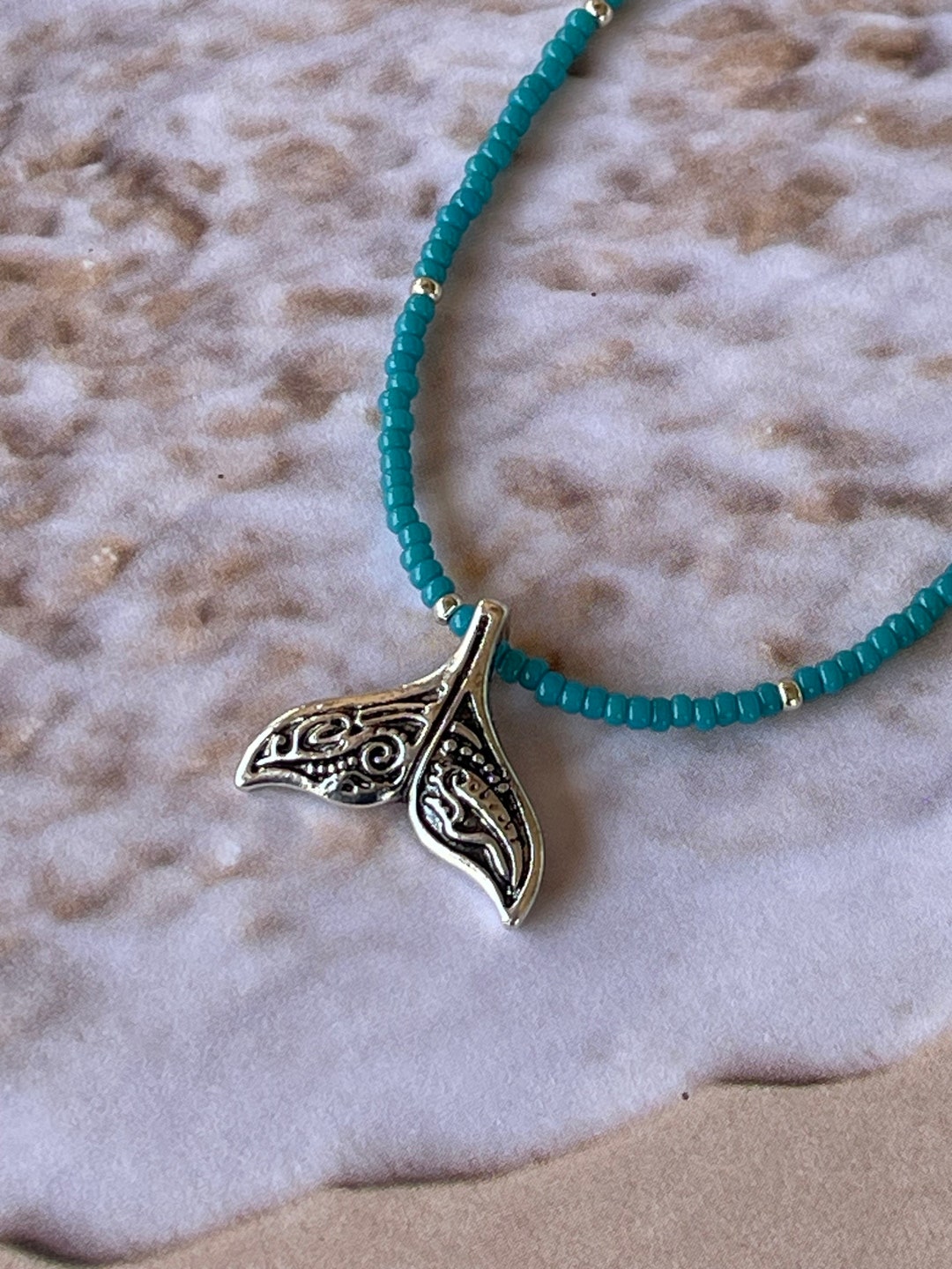 Beaded Choker Whale Tail Charm Turquoise and Silver Everyday Wear ...