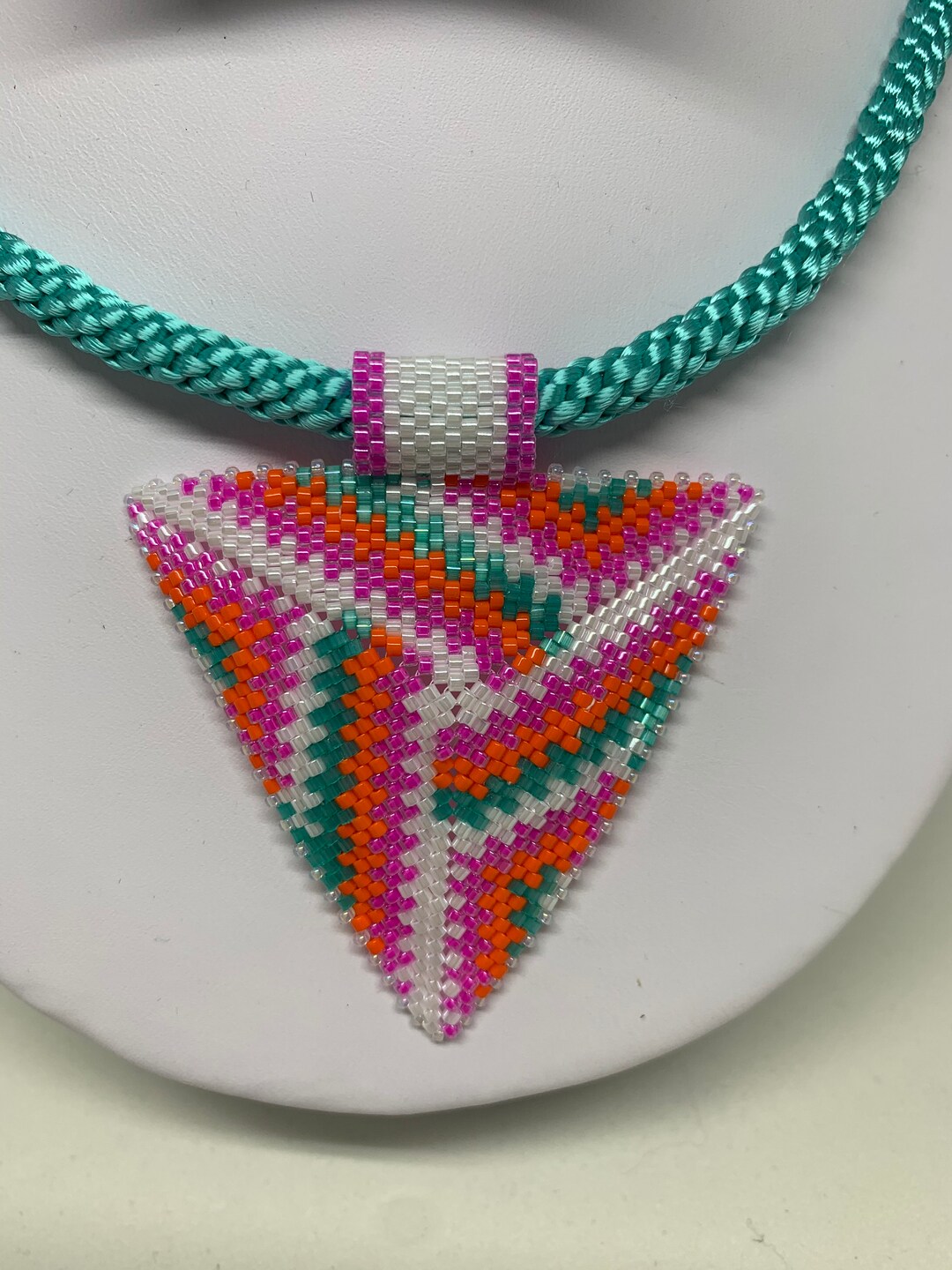 Beaded Triangle Pendant Necklace | Turquoise Pink and White | Kumihimo ...