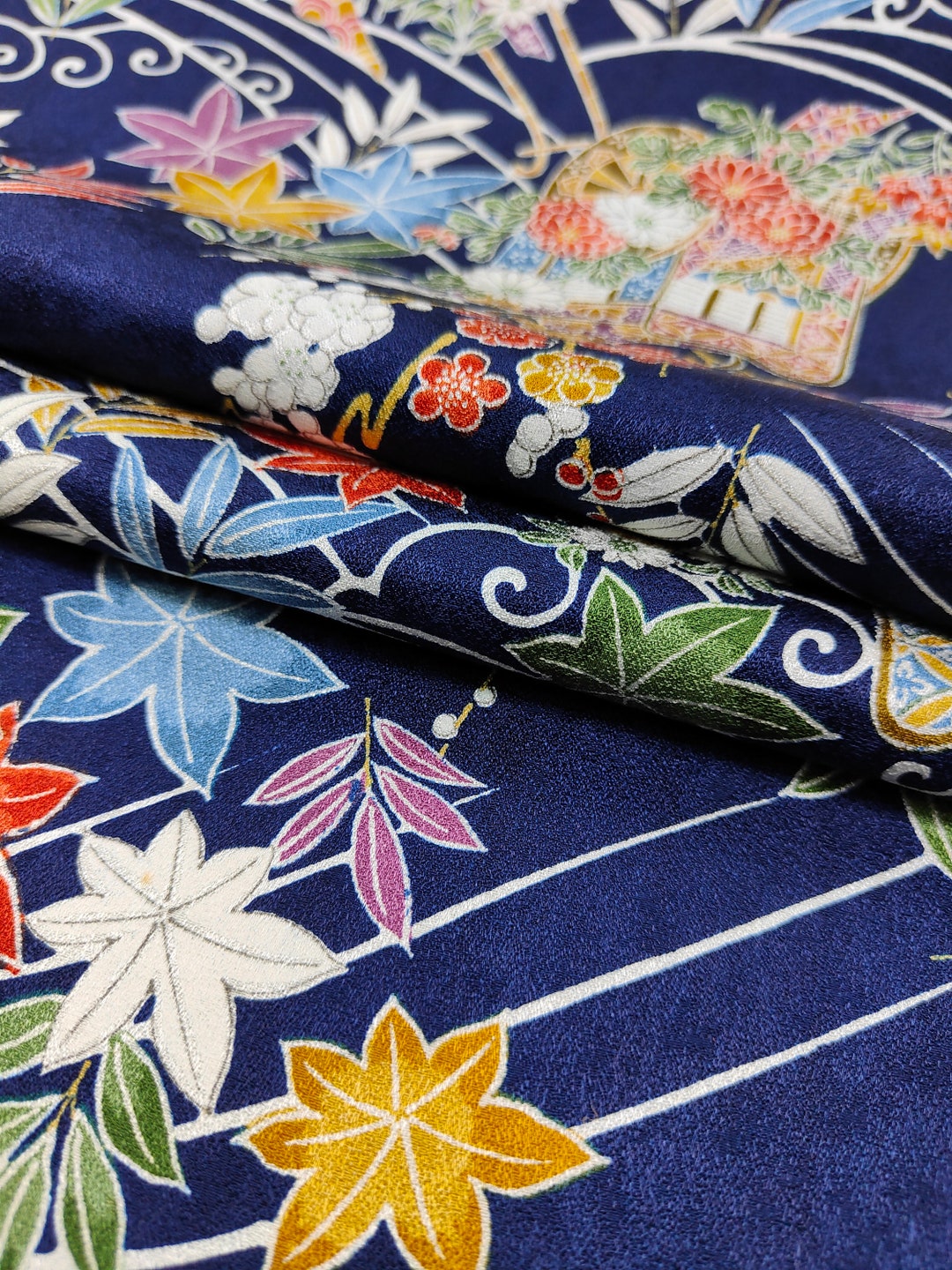 Vintage Japanese Kimono Fabric used Silk KATAZOME A Flower Cart ...