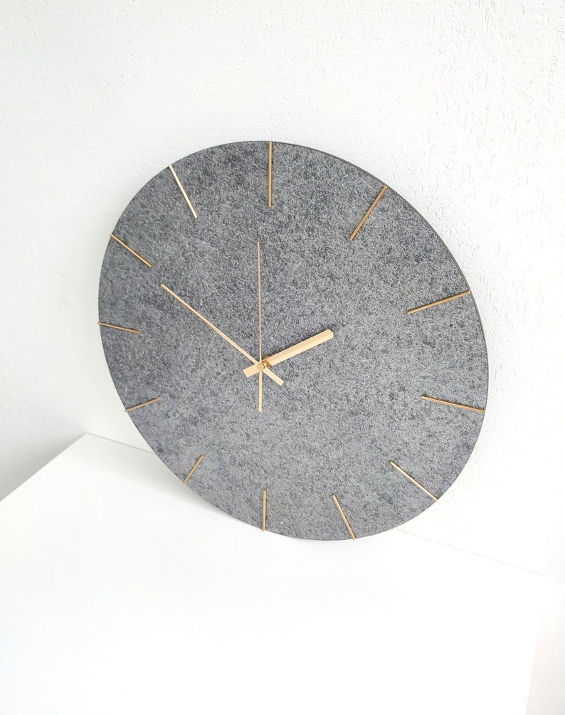 Large Wall Clock Stone Surface Modern Clock Grey Gold Color | Etsy