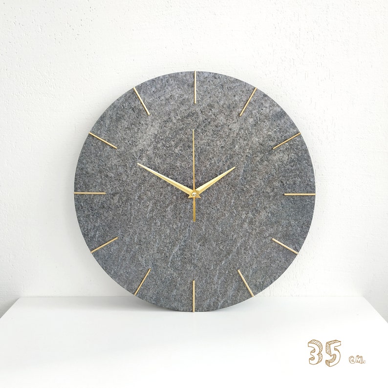 Large Wall Clock Stone Surface Modern Clock Grey Gold Color | Etsy
