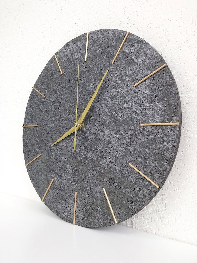 Large Wall Clock Stone Surface Modern Clock Grey Gold Color | Etsy