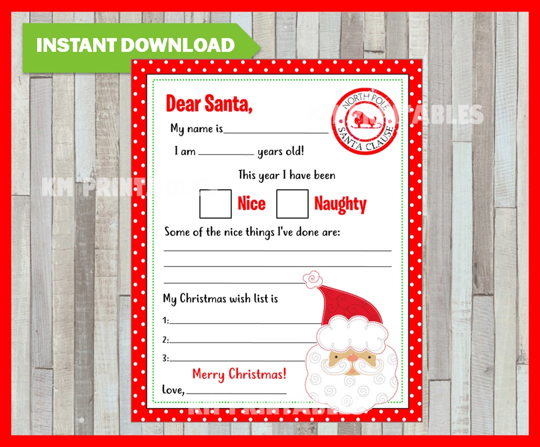 Printable Letter to Santa, Dear Santa Letter, DIY Santa Letter, Instant ...