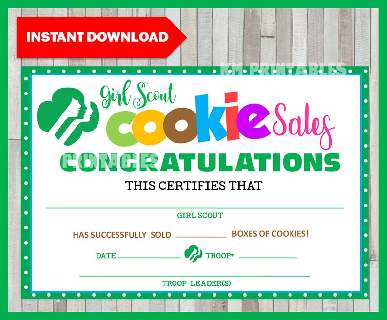 Girl Scout Cookie Sales Certificate Instant Download | Etsy