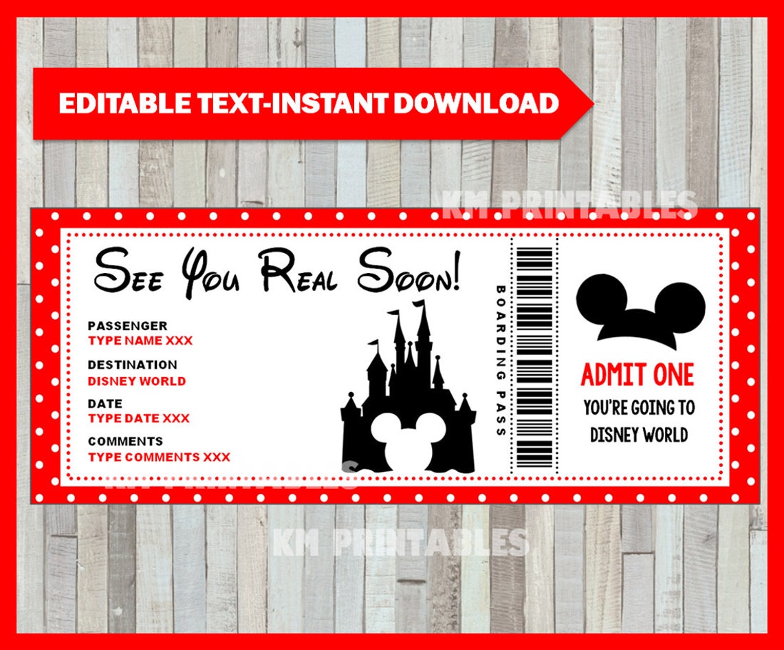 Printable Ticket to Disneyworld DIY Personalize Disneyworld - Etsy