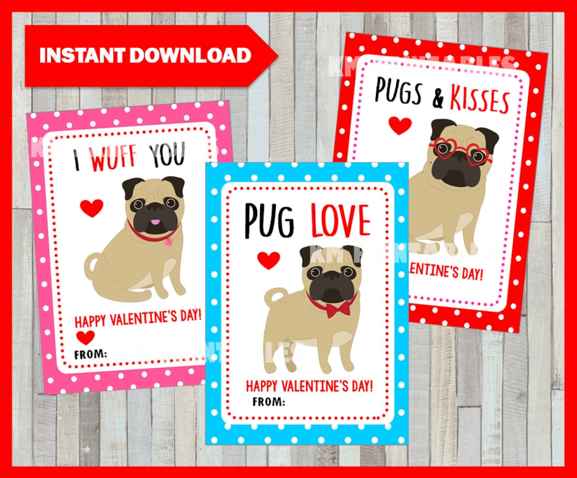 Pug Valentine Cards Pug Valentine's Day Printable | Etsy