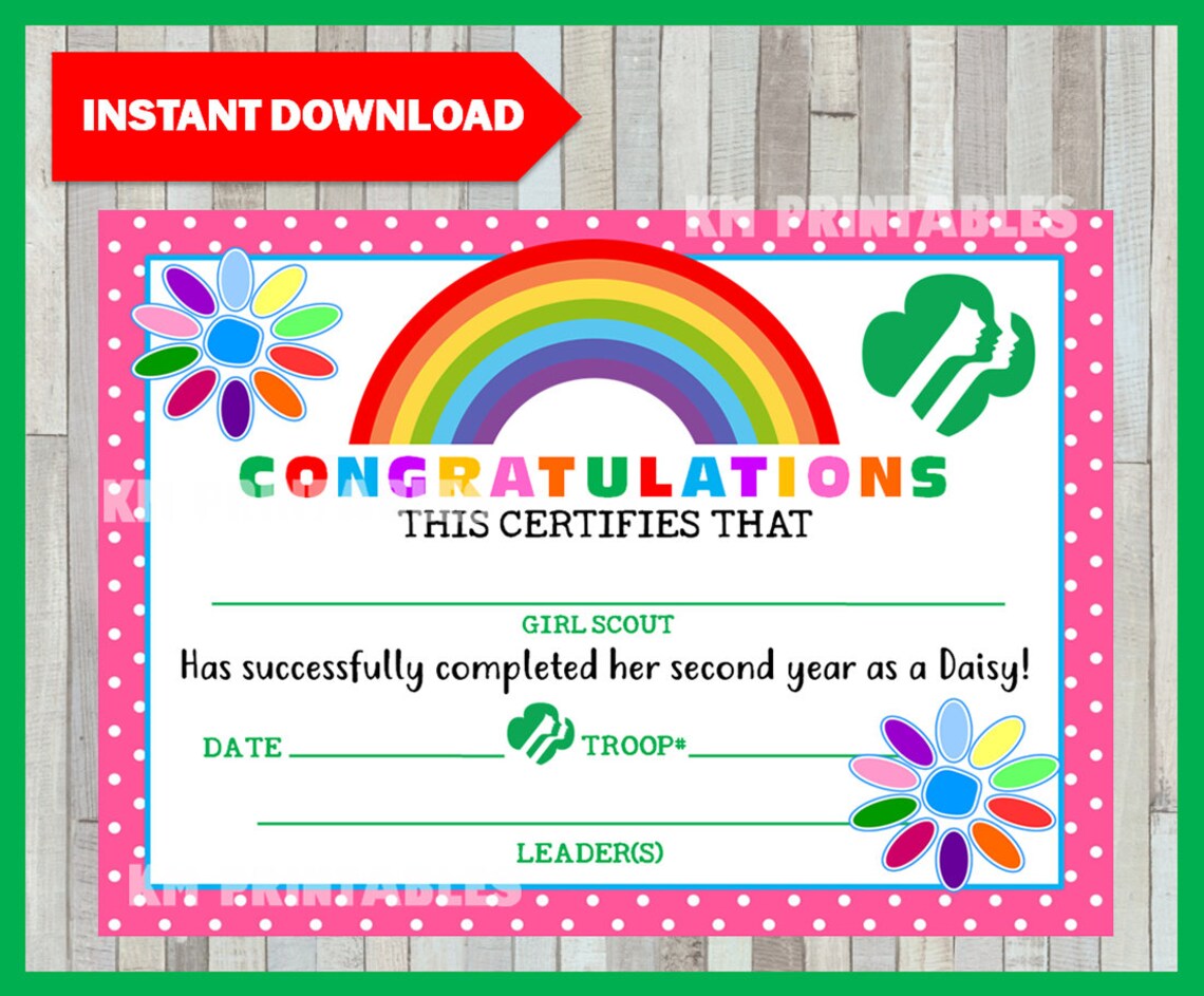 Girl Scouts Second Year Daisy Completion Certificate Instant - Etsy