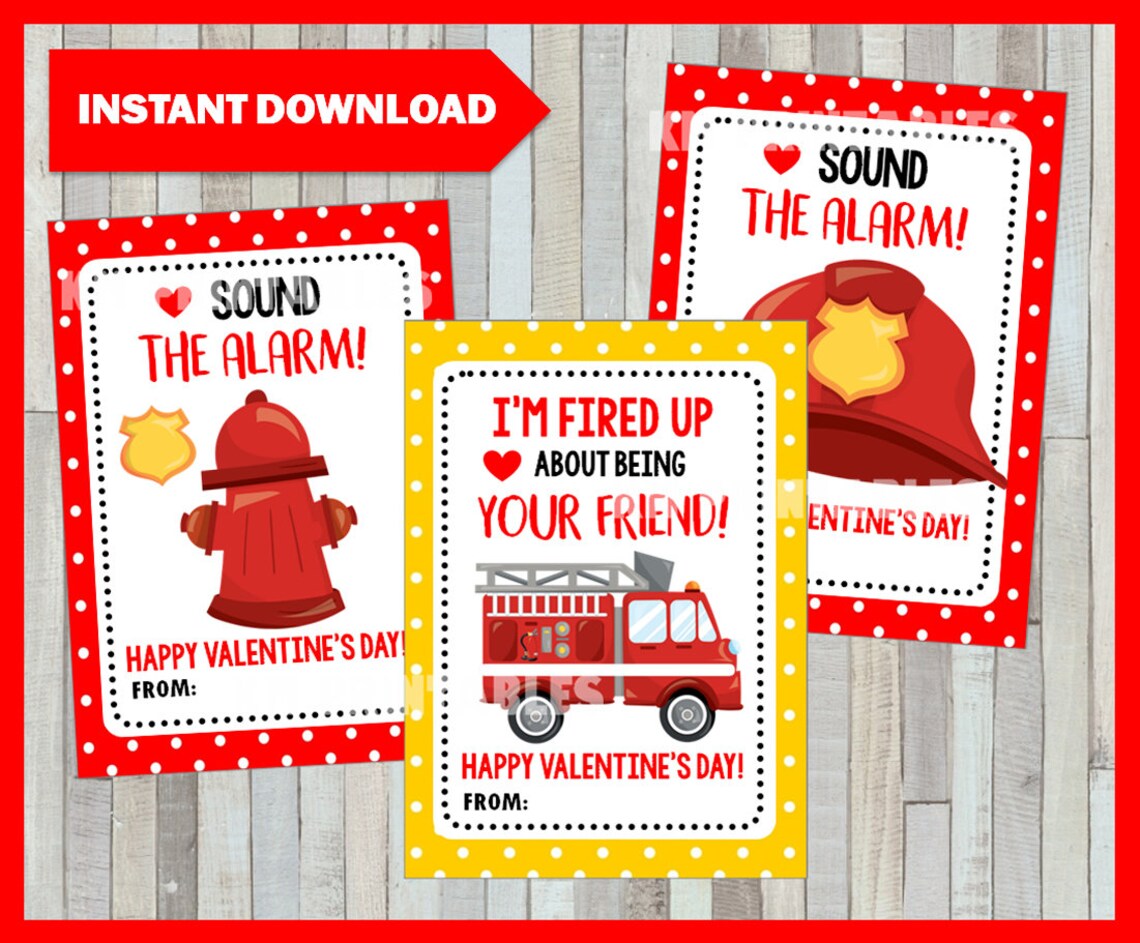 Fire Truck Valentine Fireman Printable Valentine Card Kids - Etsy