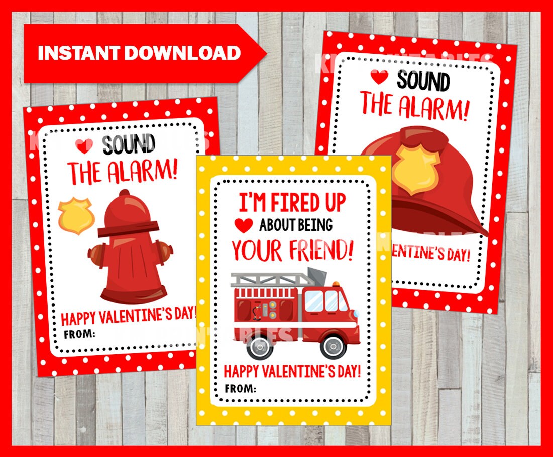 Fire Truck Valentine Fireman Printable Valentine Card Kids - Etsy