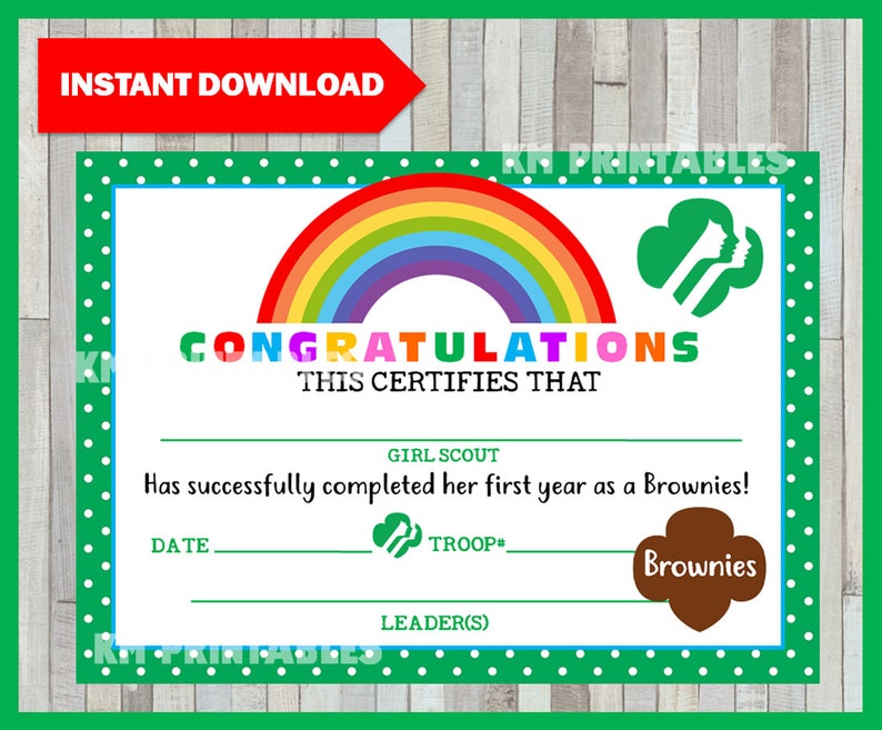 Completion Of First Year Of Brownies Girl Scout Certificate Etsy
