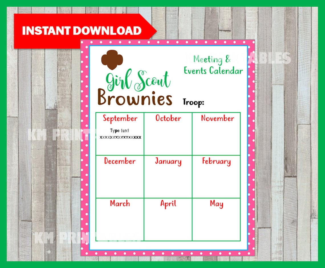Brownie Girl Scout Yearly Calendar Troop Fillable Printable - Etsy