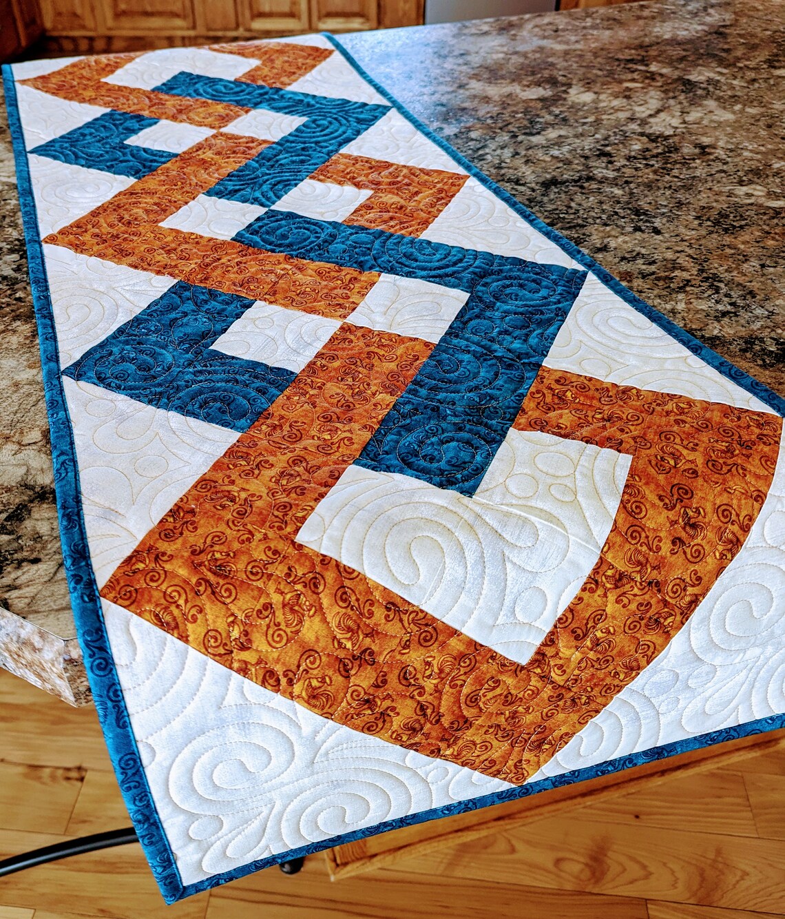 Blue & Bronze Quilted Table Runner: Chicken Fabric, Modern Design - Etsy