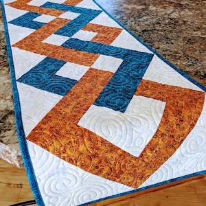Blue and Bronze Quilted Table Runner, Chickens, Interlocking Squares ...