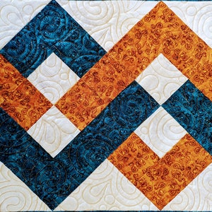 Blue and Bronze Quilted Table Runner, Chickens, Interlocking Squares ...