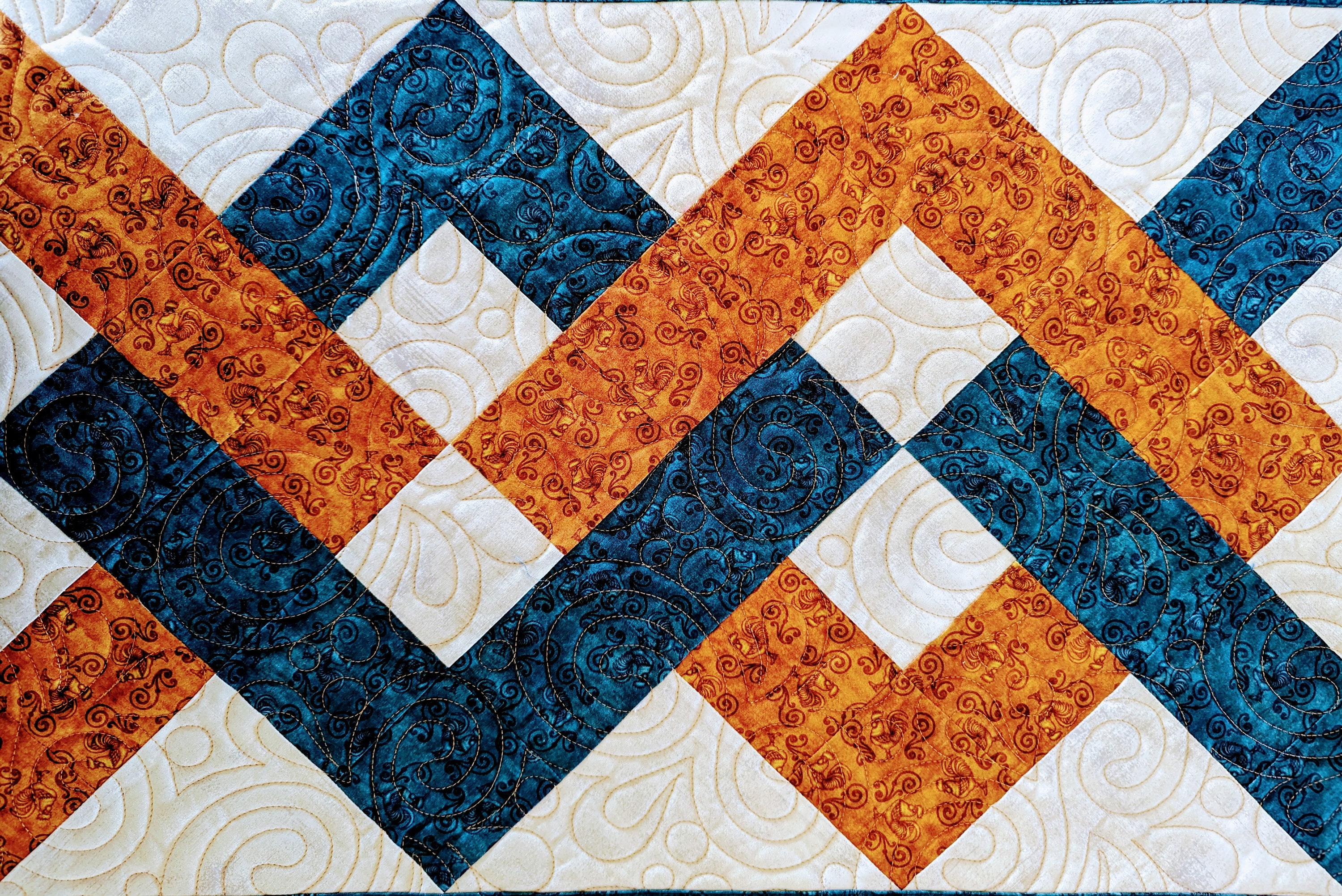 Blue & Bronze Quilted Table Runner: Chicken Fabric, Modern Design - Etsy