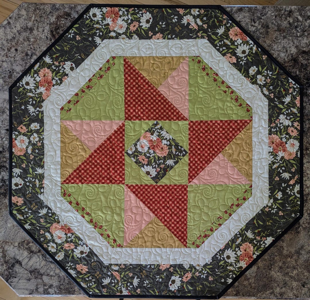 Multi-colored Table Topper, Quilted Table Topper, Flowers and Gingham ...