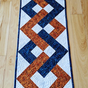 Blue and Bronze Quilted Table Runner, Chickens, Interlocking Squares ...
