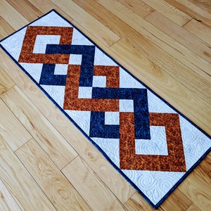 Blue and Bronze Quilted Table Runner, Chickens, Interlocking Squares ...