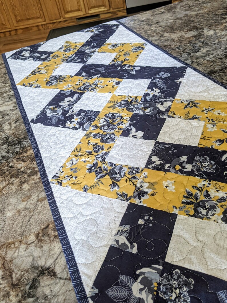 Quilted Table Runner Blue and Gold - Etsy