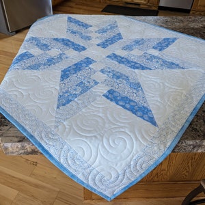 Square Quilted Table Topper, Quilted Blue and White Wall Hanging, Star ...