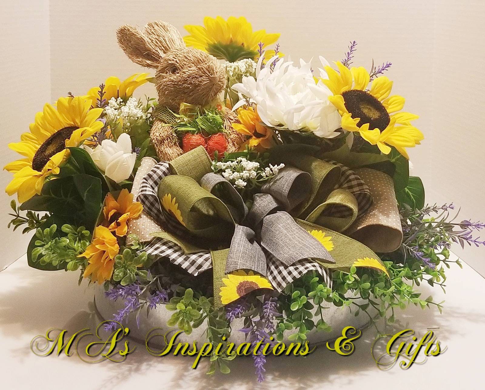 Bunny Centerpiece, Galvanized Tray, Sunflower Floral arrangement, Sisal ...