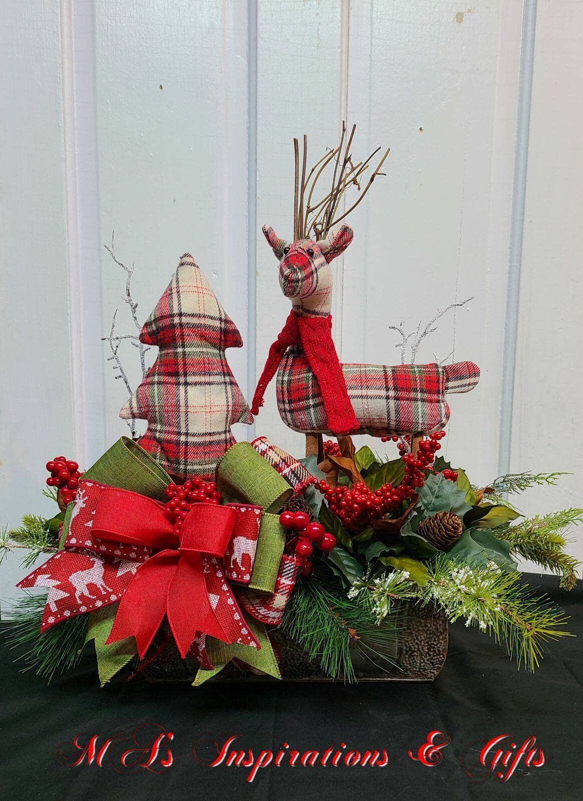 Plaid Reindeer and Tree Winter Centerpiece, Winter Floral Arrangement ...